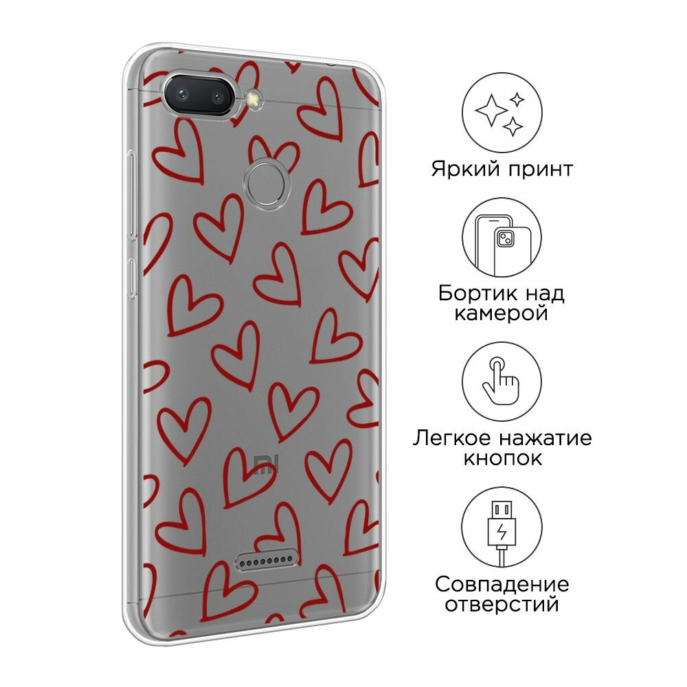 Чехол на Xiaomi Redmi 6 / Сяоми Редми 6 с принтом "Little hearts doodles 2 - 14 февраля", прозрачный — фото 1