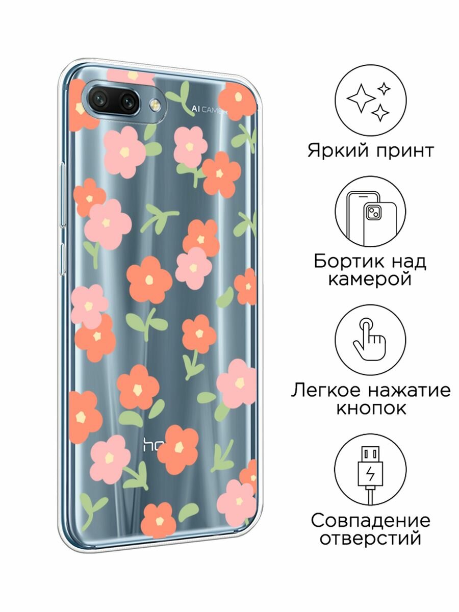 Чехол на Honor 10 / Хонор 10 с принтом "Красные цветочки рисунок", прозрачный — фото 1