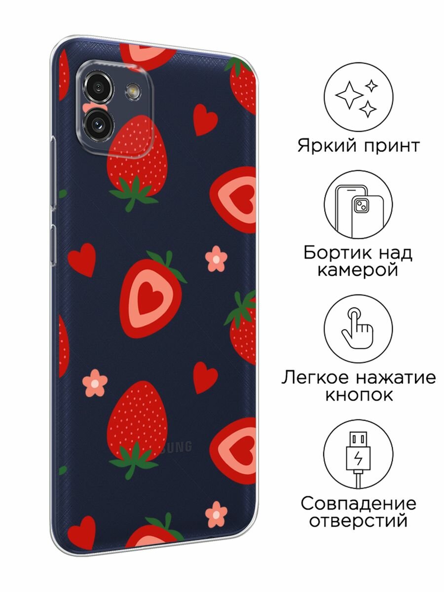 Чехол на Samsung Galaxy A03 / Самсунг Галакси А03 с принтом "Heart strawberries 2 - 14 февраля", прозрачный — фото 1