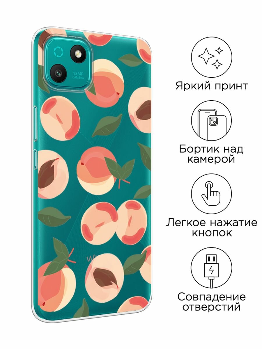 Чехол на Wiko T10 / Вико Т10 с принтом "Нежные персики паттерн 2", прозрачный — фото 1