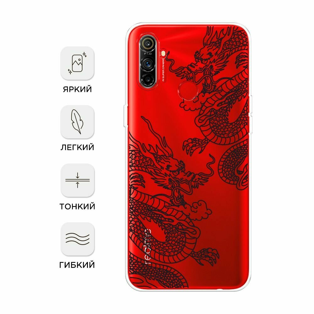 Чехол на Realme C3 / Реалми C3 с принтом "Два китайских дракона", прозрачный — фото 1