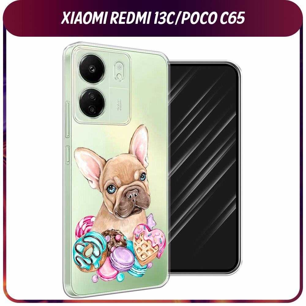 Чехол на Xiaomi Redmi 13C/Poco C65 / Сяоми Редми 13C/Поко С65 с принтом "Бульдог и сладости", прозрачный