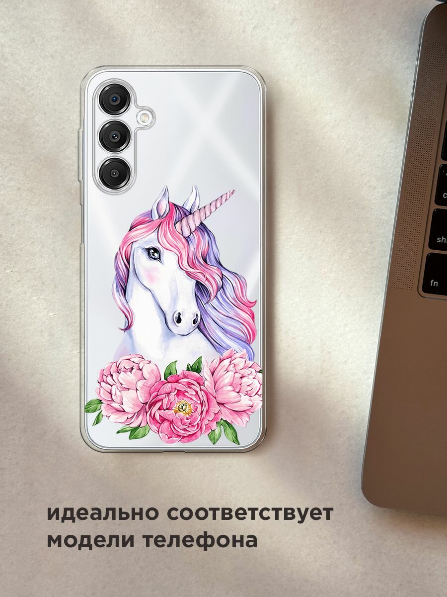 Чехол на Samsung Galaxy A16 / Самсунг А16 с принтом "Единорог с пионами", прозрачный — фото 1