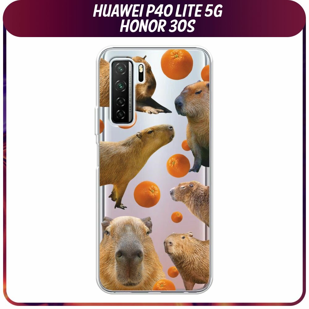 Чехол на Honor 30S Global/Huawei P40 Lite 5G/Nova 7 SE / Хонор 30S с принтом "Капибара и апельсины", прозрачный