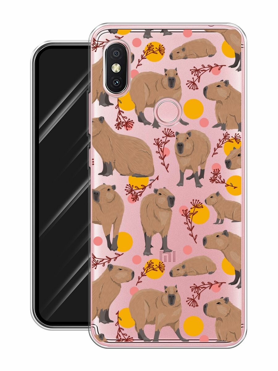 Чехол на Xiaomi Redmi S2 (Redmi Y2) / Сяоми Редми С2 (Редми Y2) с принтом "Капибара паттерн", прозрачный — фото 1