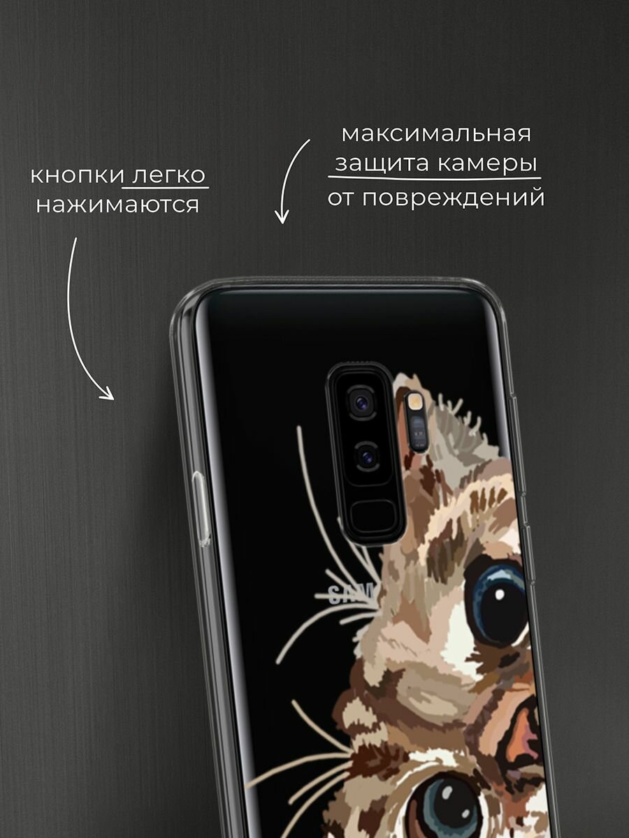 Чехол на Samsung Galaxy S9 + / Самсунг Галакси С9 Плюс с принтом "Любопытный кот", прозрачный — фото 1