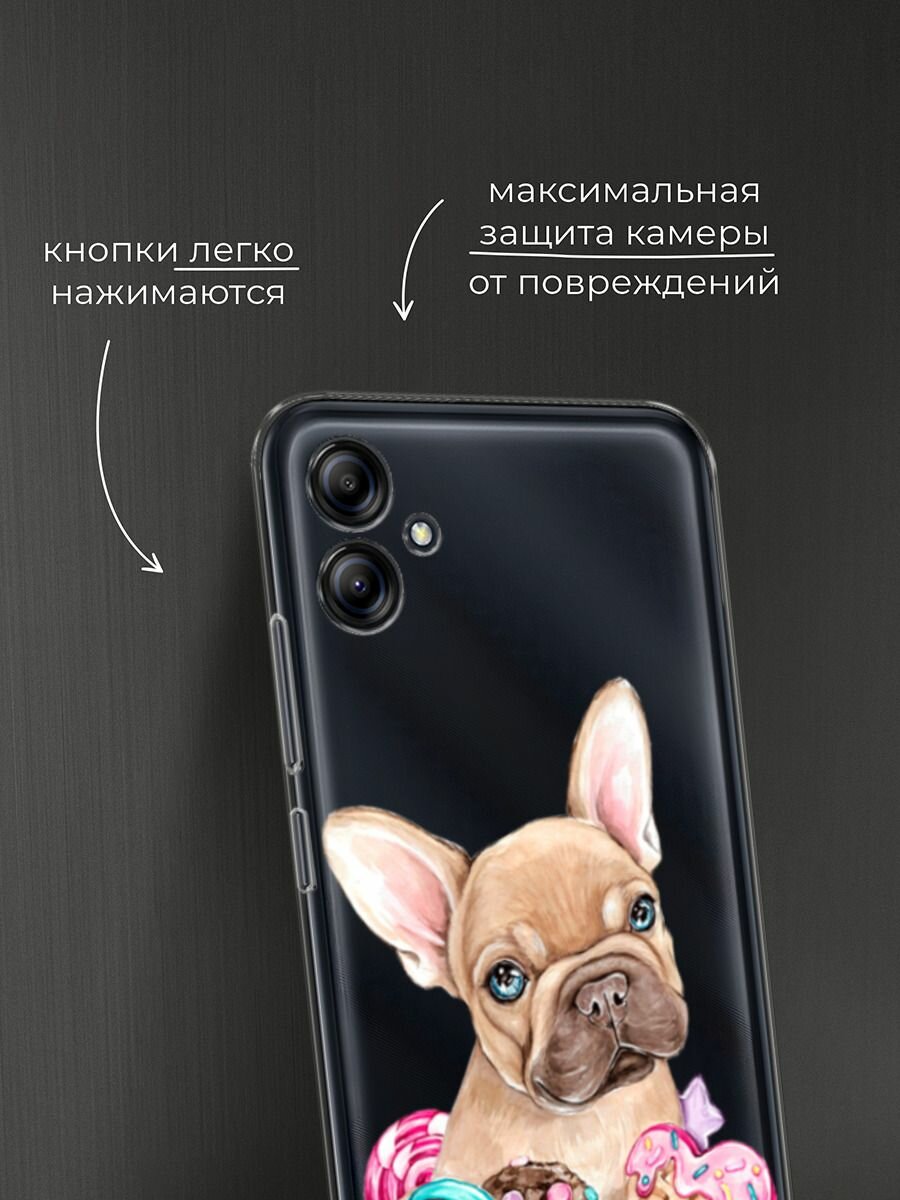 Чехол на Samsung Galaxy A04e / Самсунг A04e с принтом "Бульдог и сладости", прозрачный — фото 1
