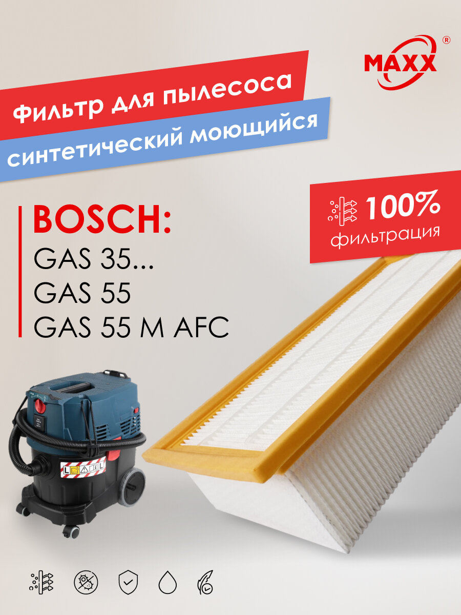 HEPA фильтр для пылесоса Bosch GAS 35 L / M Professional, GAS 55 M AFC плоский моющийся