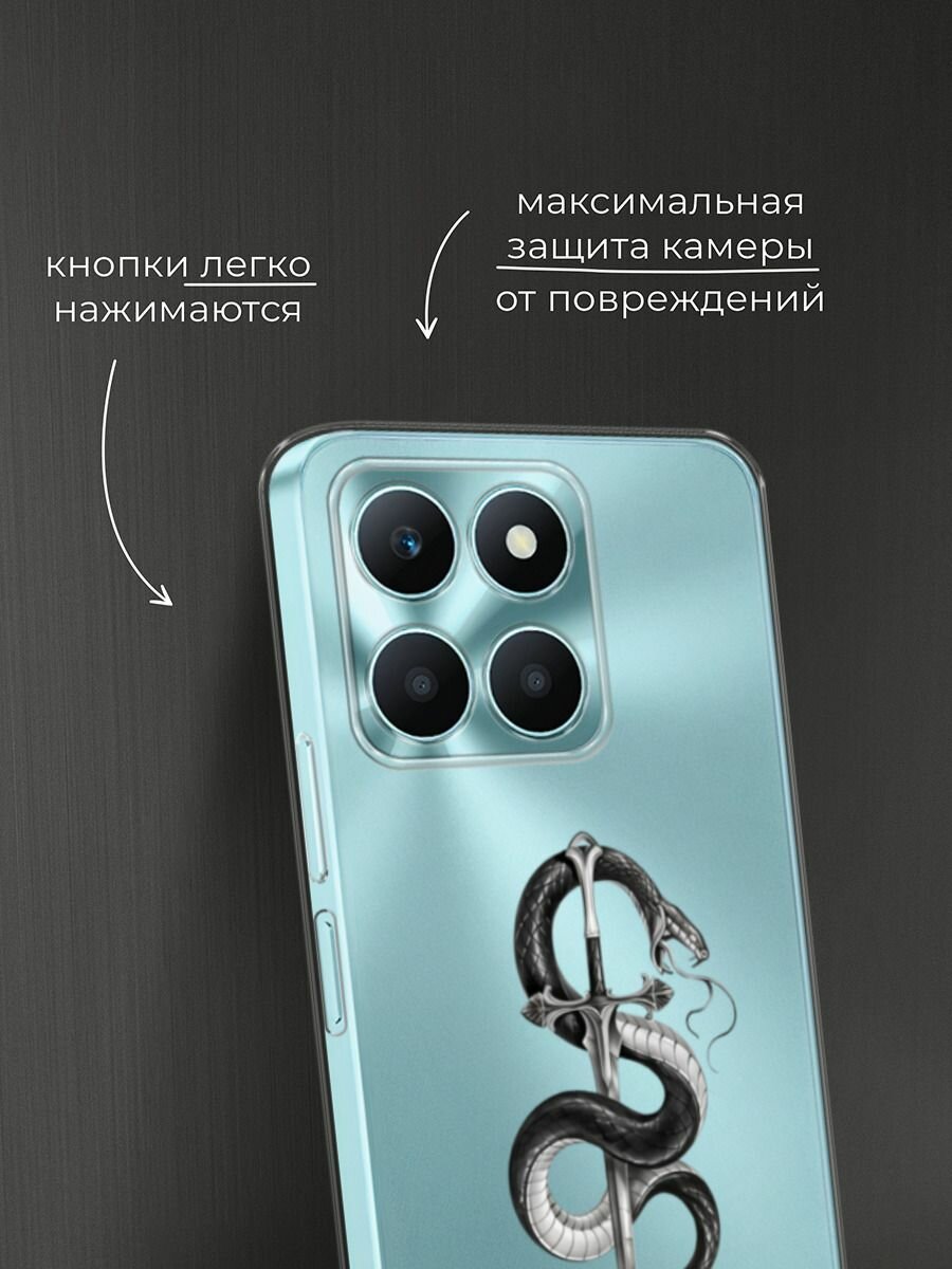 Чехол на Honor X6A / Хонор X6A с принтом "Змея с мечом чёрная", прозрачный — фото 1