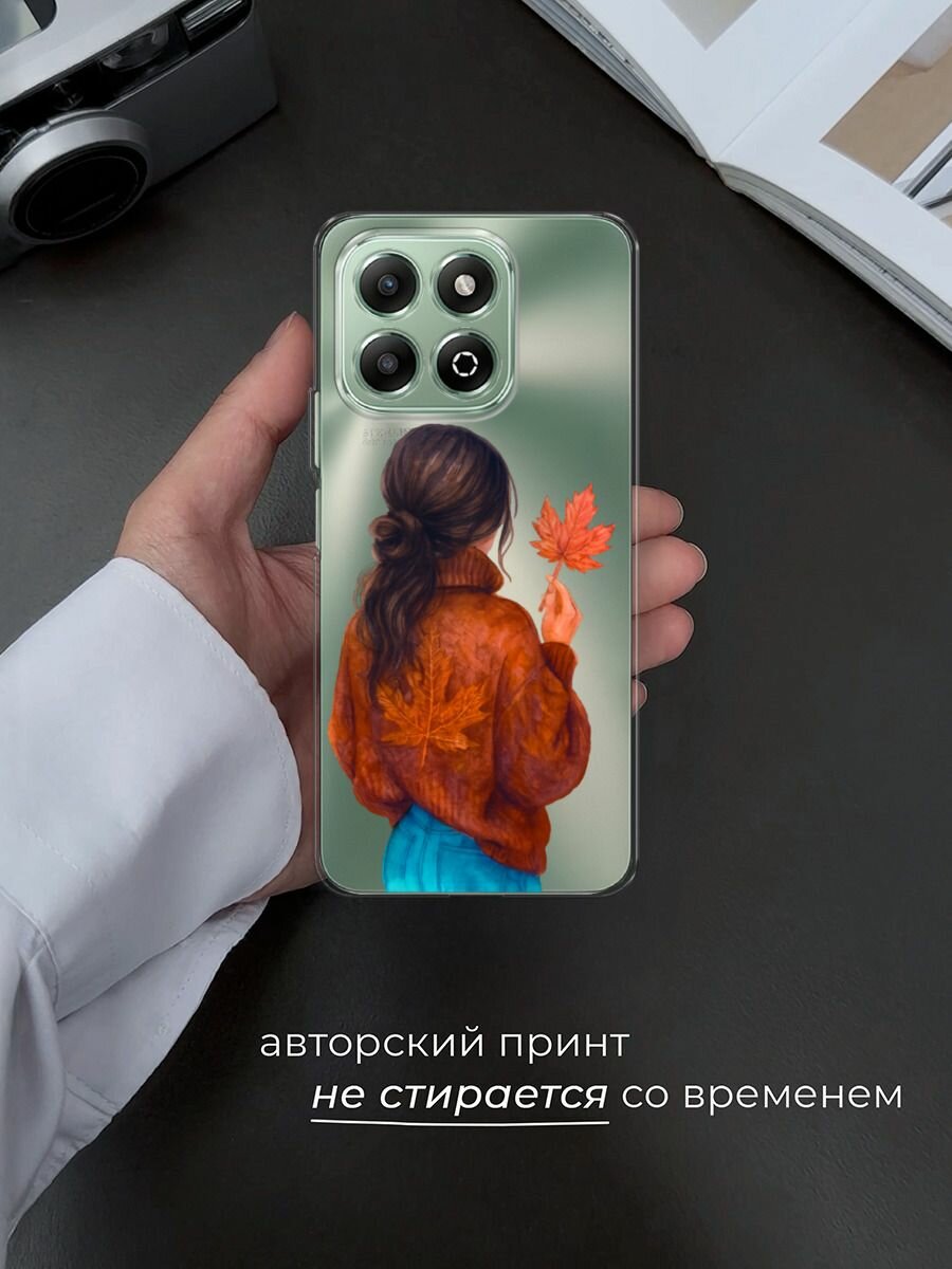 Чехол на Honor X6b / Хонор X6b с принтом "Девушка с опавшим листом", прозрачный — фото 1