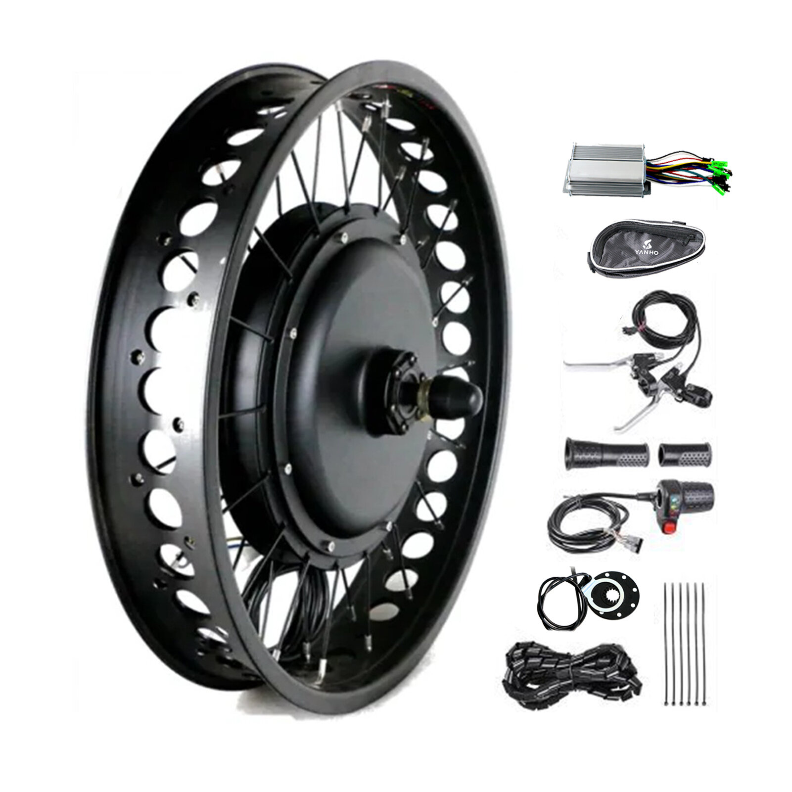 Kit для преобразования велосипеда в электровелосипед с задним мотором и ободом 48V 1500W, контроллер бесштовный, датчик ПАС, рычаги тормоза, шифтер, обод 20"x4 / 26"x4, dropout 170mm / 190mm, с дисплеем / без дисплея, совместимость с V-тормозами и
