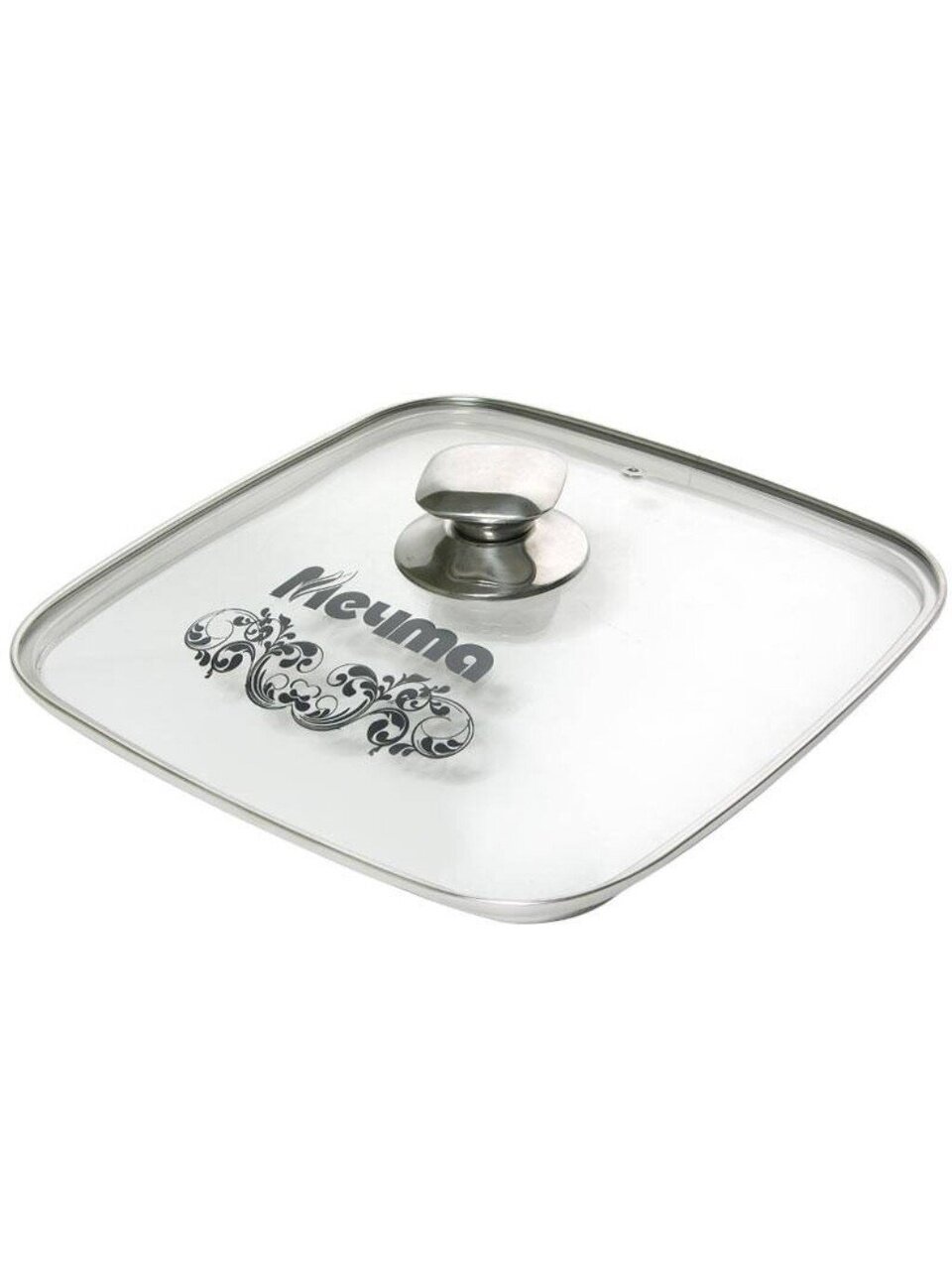 Крышка стекло, Мечта, металлический обод, кнопка нержавеющая сталь, квадратная для гриля, 26х26 см, КР26Г