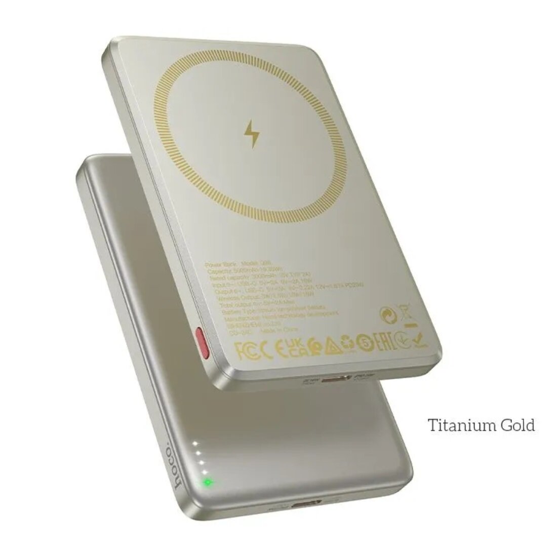 Внешний магнитный беспроводной аккумулятор Hoco Joy Aluminum alloy Q26, 5000 mAh, Qi15W/PD20W, titanium gold