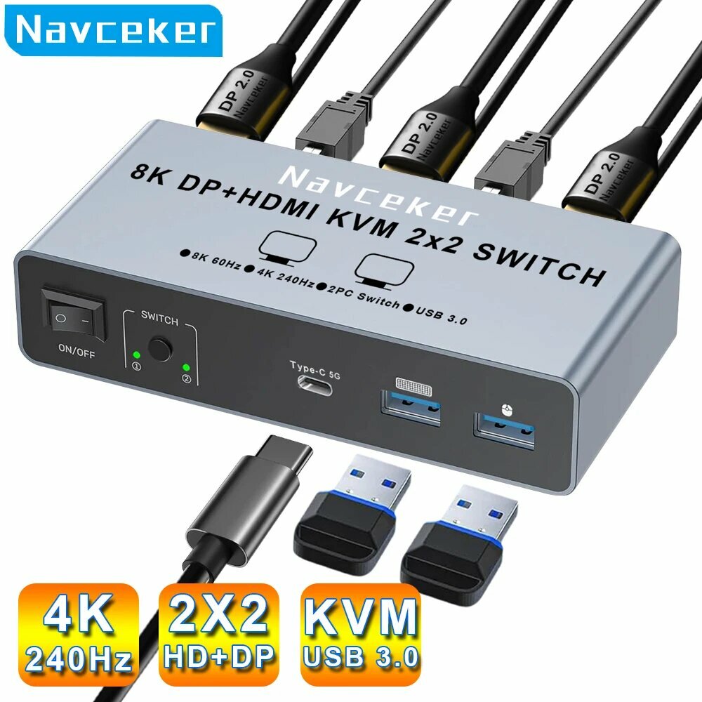 Navceker 4K 240Гц 2x2 HDMI DP KVM-переключатель US Power Plug
