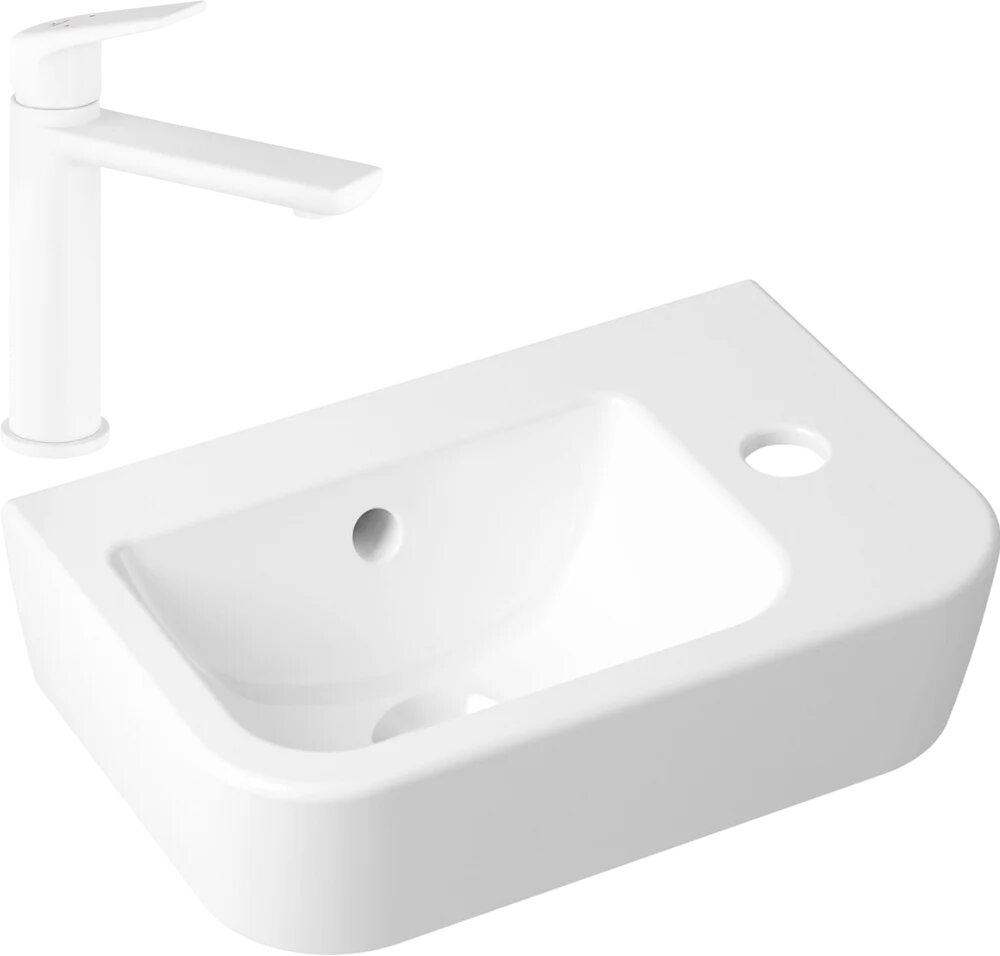 Комплект 2 в 1 Раковина маленькая Lavinia Boho One 33310001R 37 глянцевая белая / Смеситель Wellsee ICON! for life 182305000, матовый белый