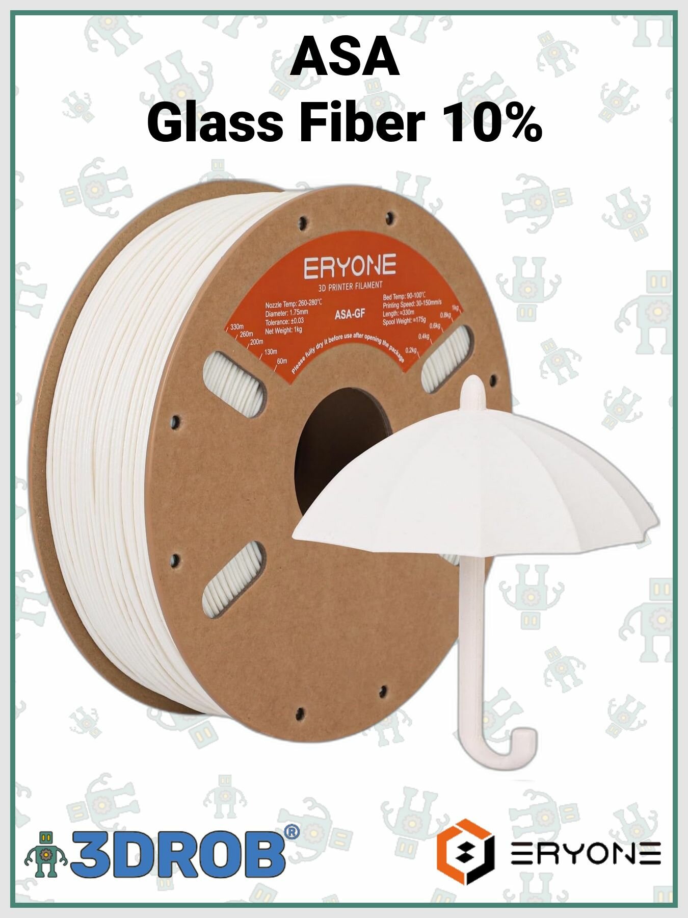 ASA Glass Fiber 1,75 мм 1 кг (Eryone) белый стекловолокно