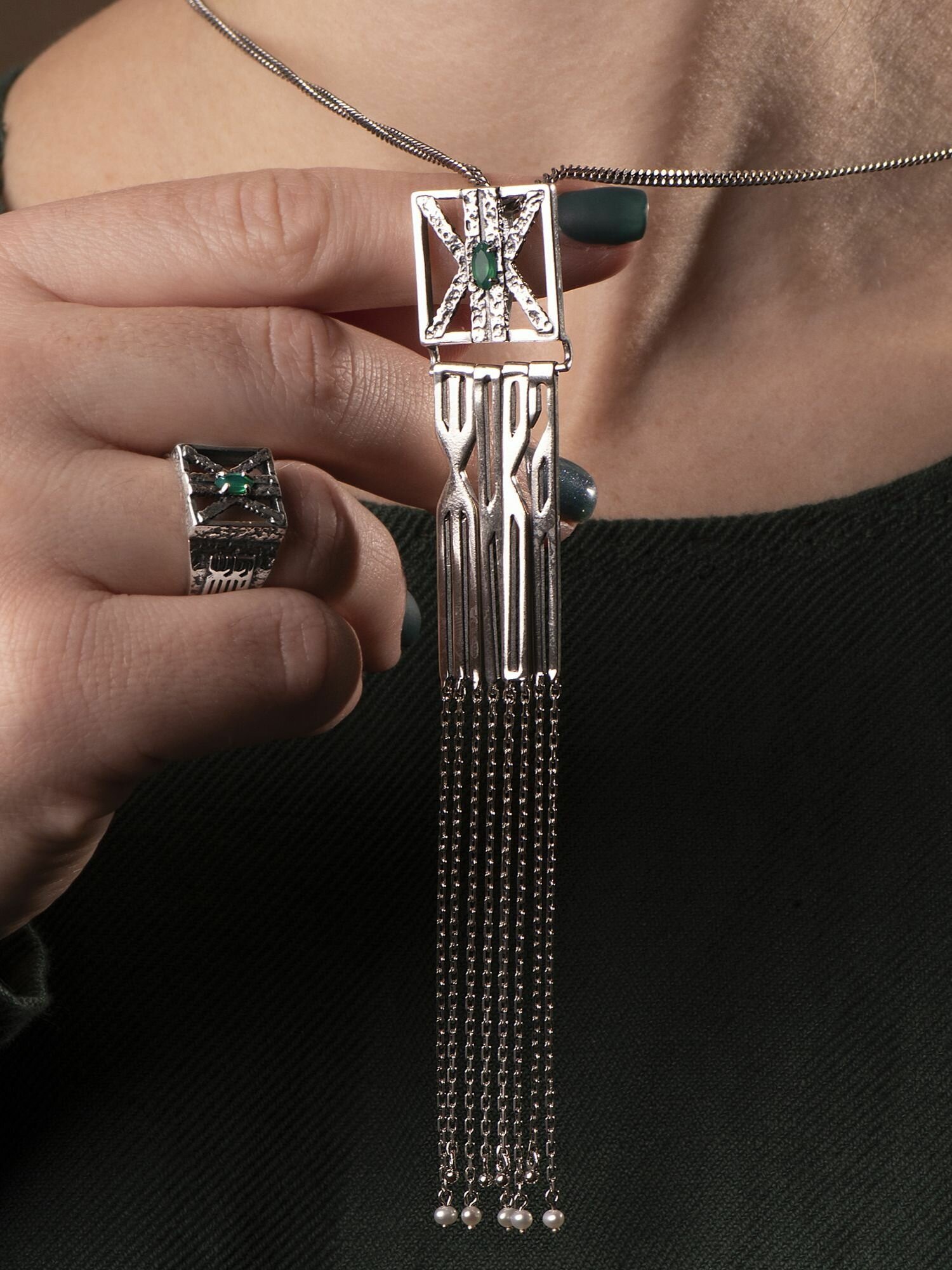 Славянский оберег, подвеска, серебро, 925 проба, чернение, хромдиопсид