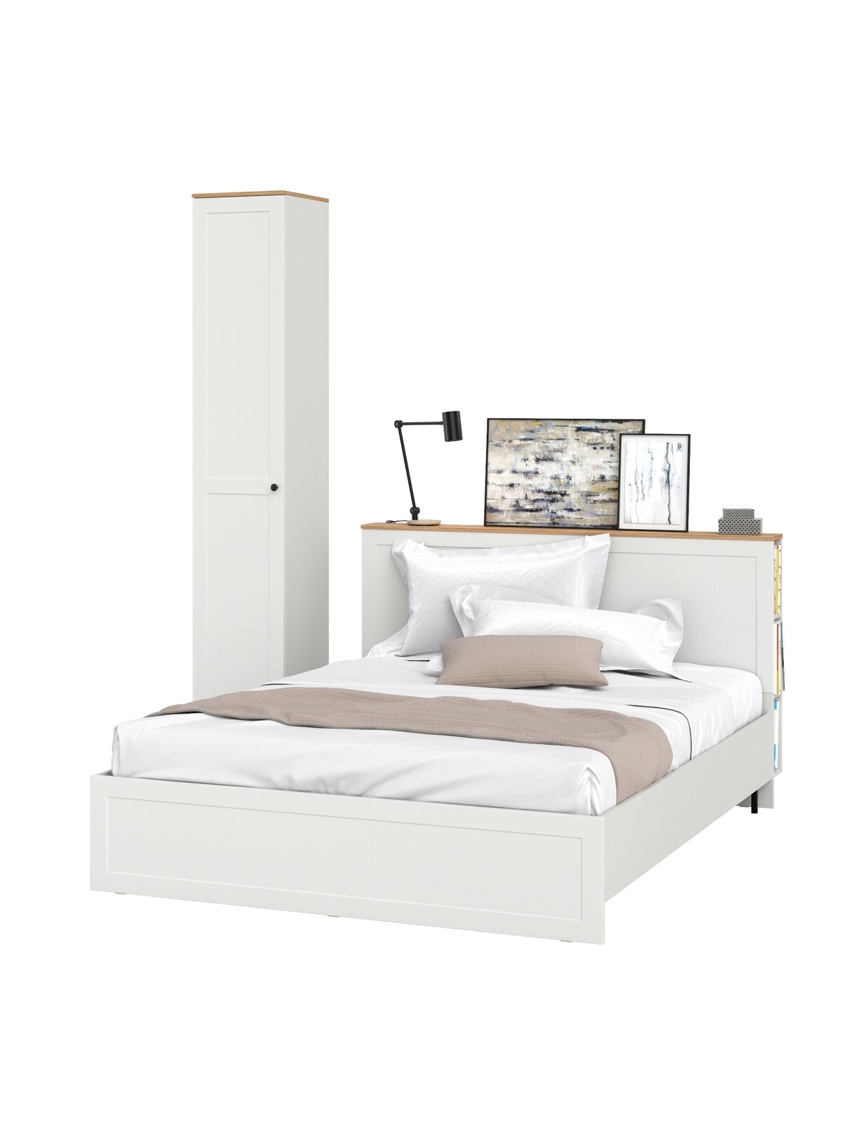 Кровать двухспальная с ортопедическим основанием и шкаф-пенал Остин, белый шагрень/дуб крафт