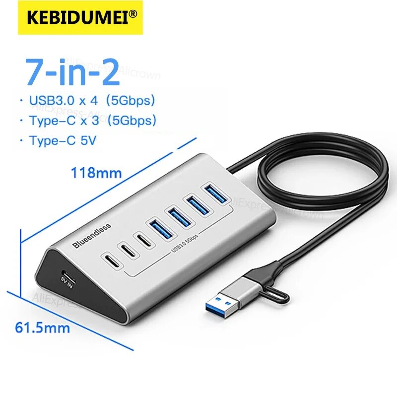 8-портовый USB 3.2 концентратор kebidumei с кардридером 7 in 2