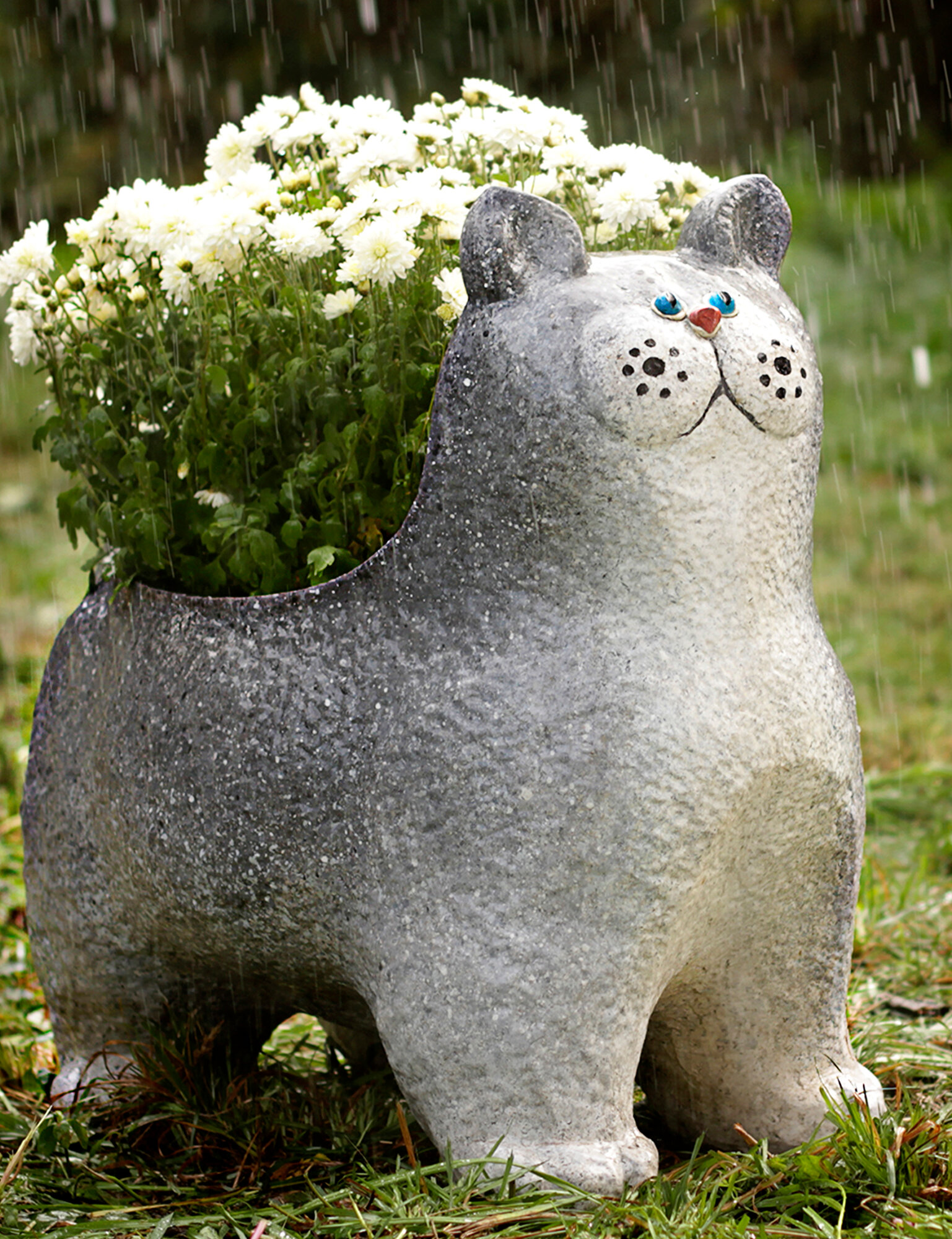 Кашпо для цветов ручной работы из цемента (цветного фибробетона) с каменной крошкой, Кот-цветник Серый, горшок , ваза, уличный вазон для сада, котик-клумба от творческой мастерской "криница"