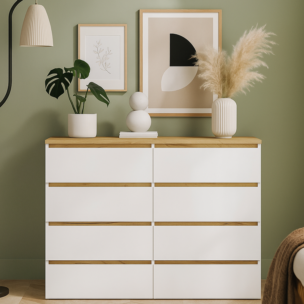 Комод для вещей и игрушек большой 8 ящиков "К-23" белый/крафт золотой МК "Пирамида" 93х120х42 см