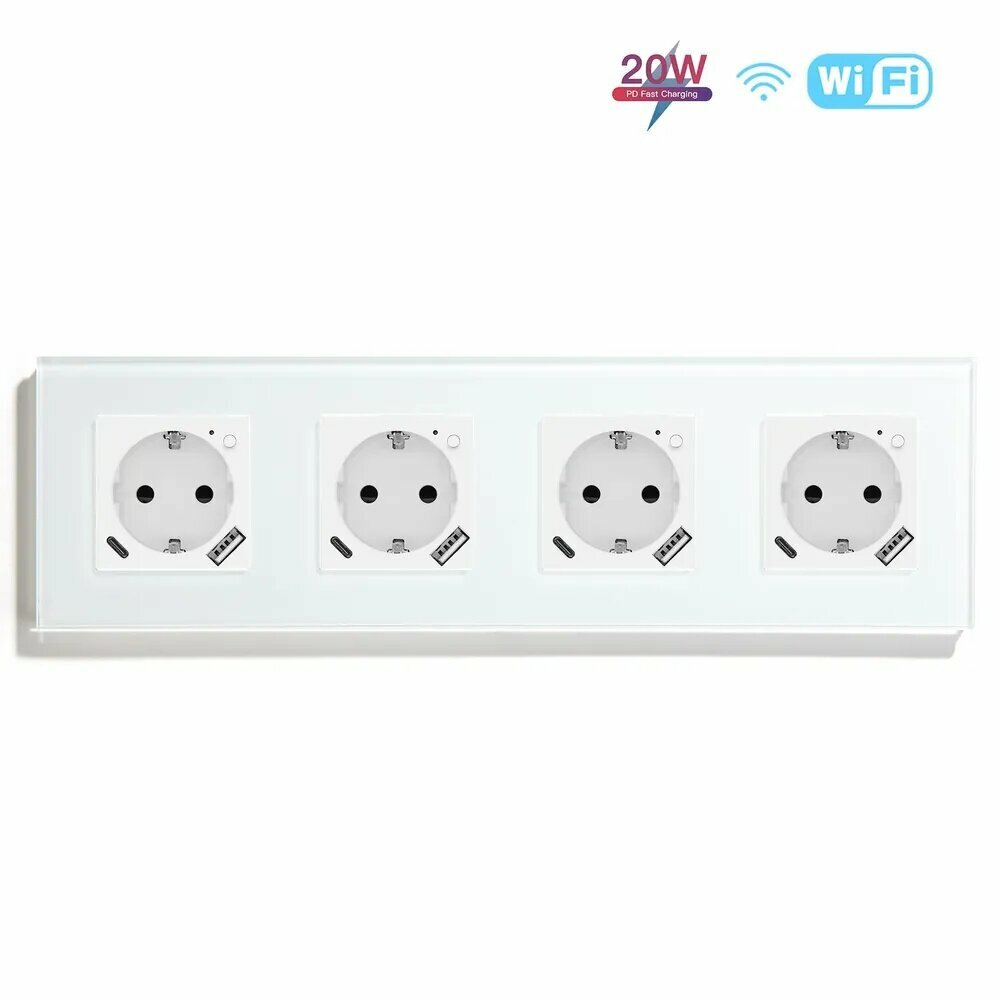 Розетка Умная WiFi одинарная с USB и type-C входами, быстрая зарядка 20W, с мониторинг потребления, рамка стекло Белая