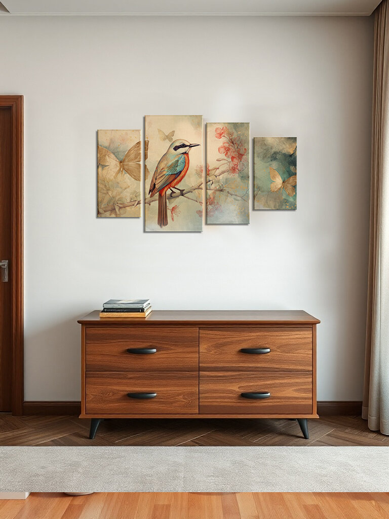 Картина модульная 130х80 см на стекле для интерьера/ Птичка в изумрудном саду, Diva Kartina