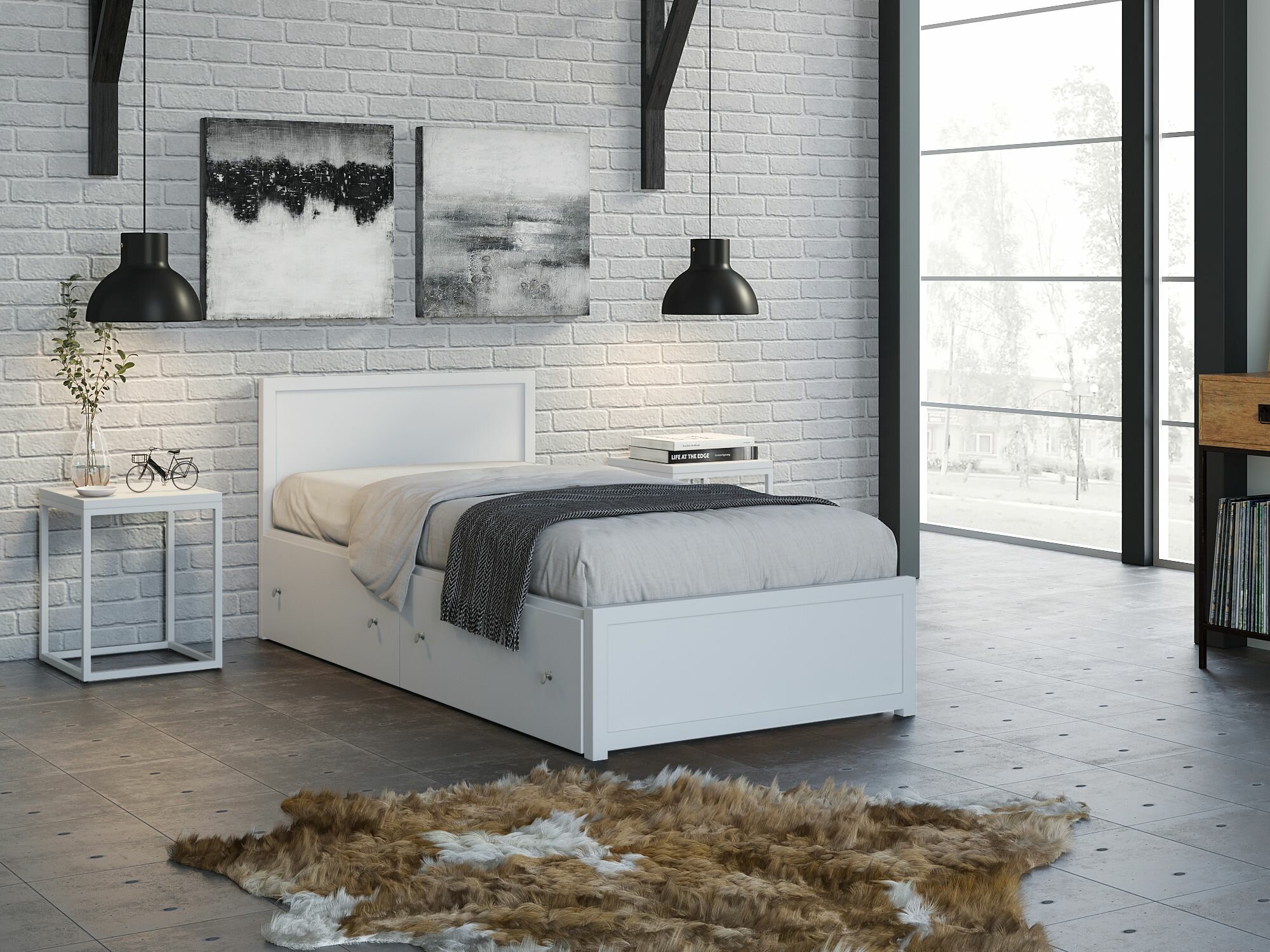 Кровать Титан Лофт 90х190 с 2мя выкатными ящиками белый/белый