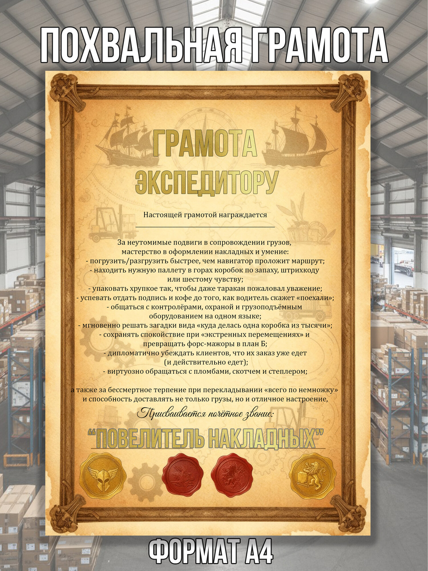 Похвальная грамота экспедитору А4