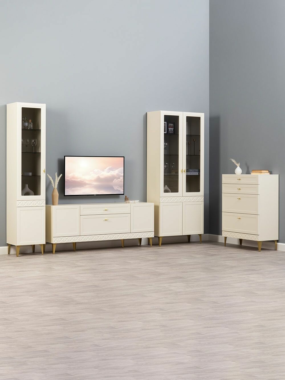 Гостиная комплект Марион Гласс, ТВ-тумба, шкаф-витрина, 280.2х36.9х200 см, Слоновая кость