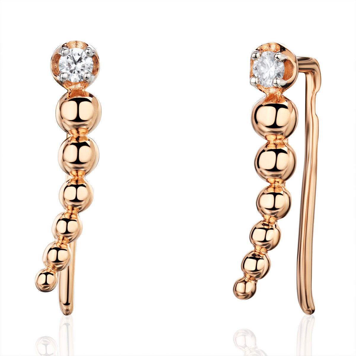 Серьги каффы, красное золото, 585 проба, родирование, бриллиант