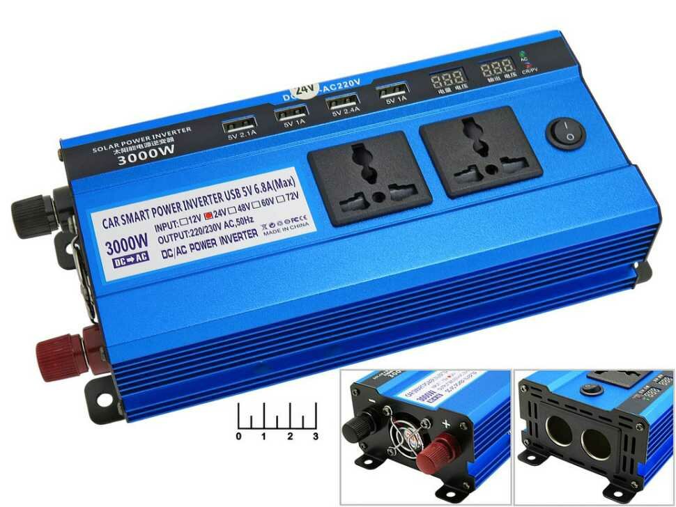 Инвертор 24/220V 3000W + 4 USB/2 розетки/2 гнезда прикуривателя