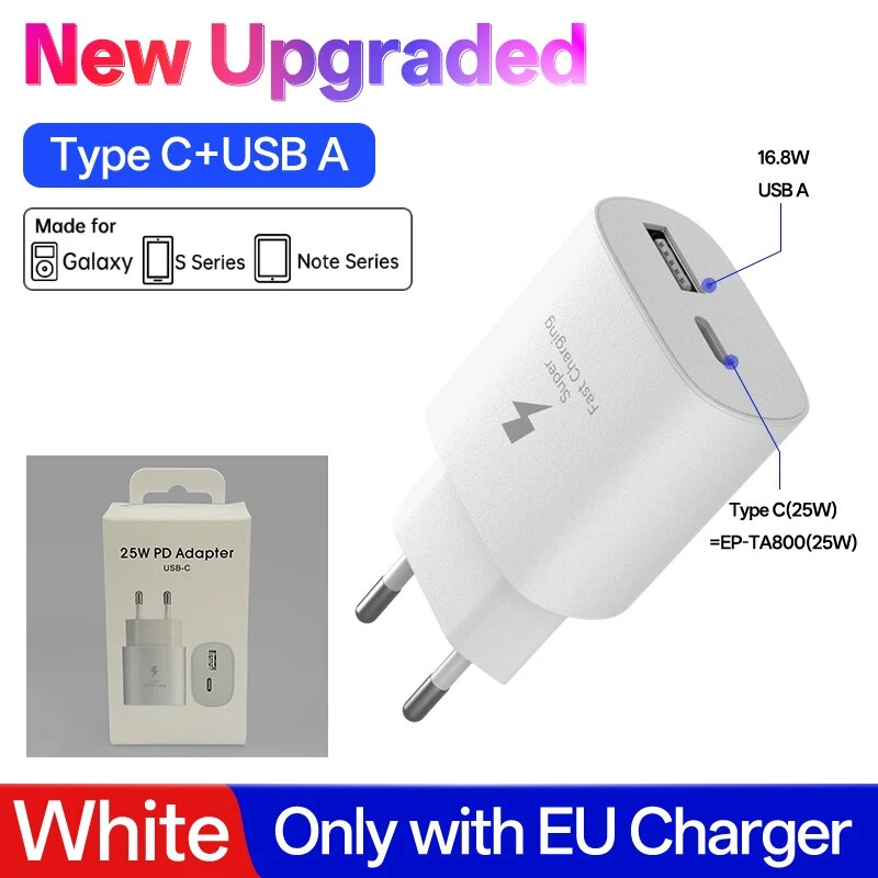 Супербыстрое зарядное устройство Samsung 25 Вт, адаптер типа C Galaxy S25 S24 S23 White 25w EU Plug