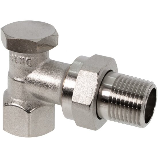 Вентиль Oventrop Combi 1R, на обратную подводку, угловой, DN-20, 3/4", 3/4", ВН, латунь никелированная, НГ со штуцером