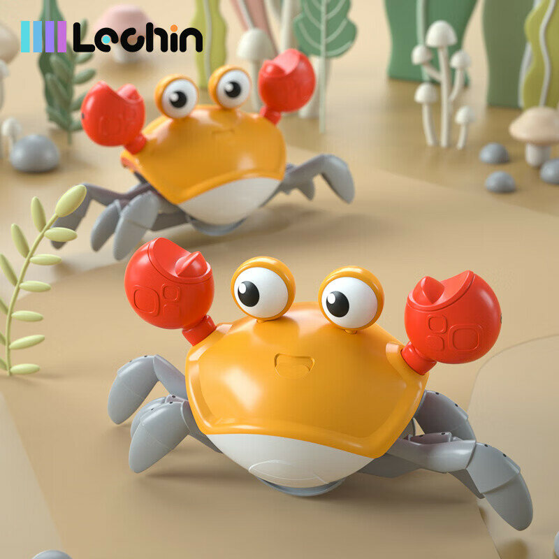 Lechin Light-Up Music Crawling Electric Sensor Automatic Obstacle Avoidance Children's Toy, Birthday Gift for Boys And Girls, Crab, Orange