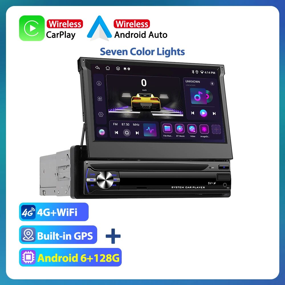 Podofo 7-дюймовый выдвижной экран Carplay 1Din Android автомобильный мультимедийный 6G 128G