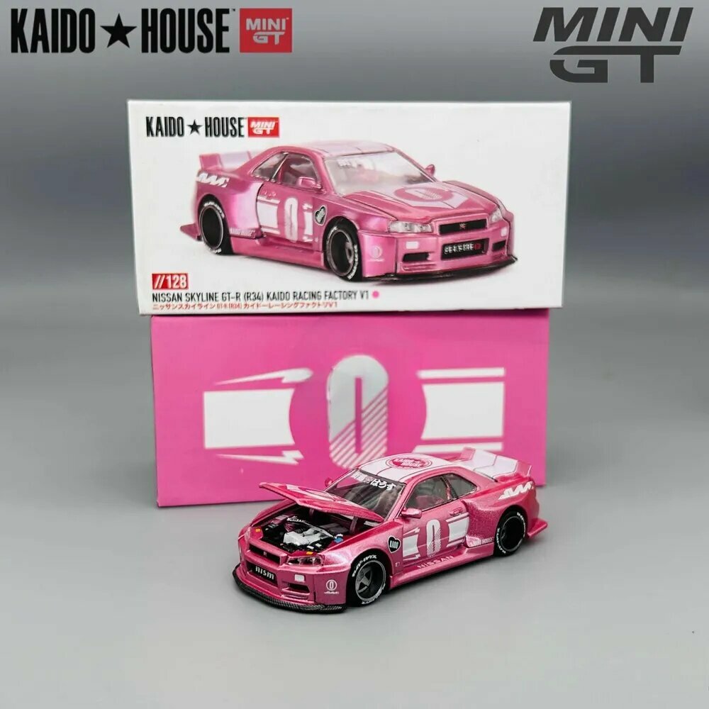 Машинка KAIDO HOUSE Mini Gt 1/64 KHMG128 Nissan Skyline GT-R R34 #0 RACING Factory V1 Metallic Pink Die-cast Alloy Car Model Collection Gift