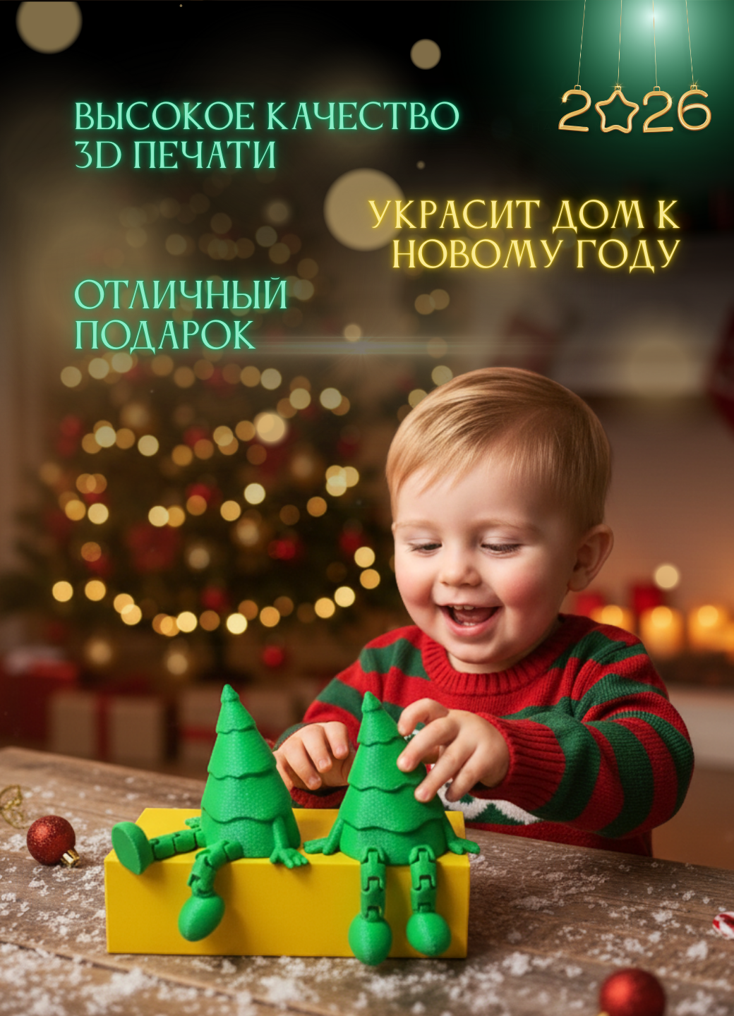 Новогодняя ёлочка 1шт. Зеленая с ножками, миниатюра. 3D-печать, 8см. в высоту.