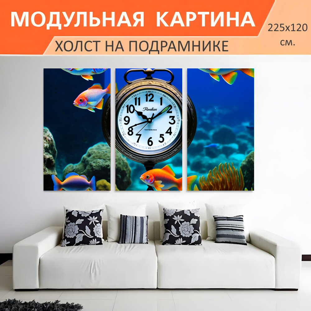 Модульная картина на холсте "Часы-аквариум с живыми рыбками, плавающими вокруг циферблата, расположенные в яркой морской обстановке." триптих на подрамнике 225х120 см. для интерьера