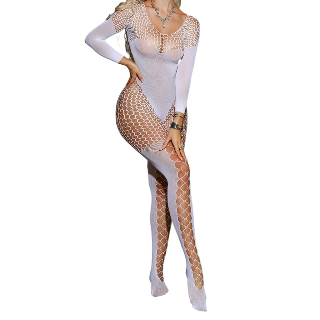 Цельнокроеные сетчатые колготки на бретельках с длинными рукавами-белый