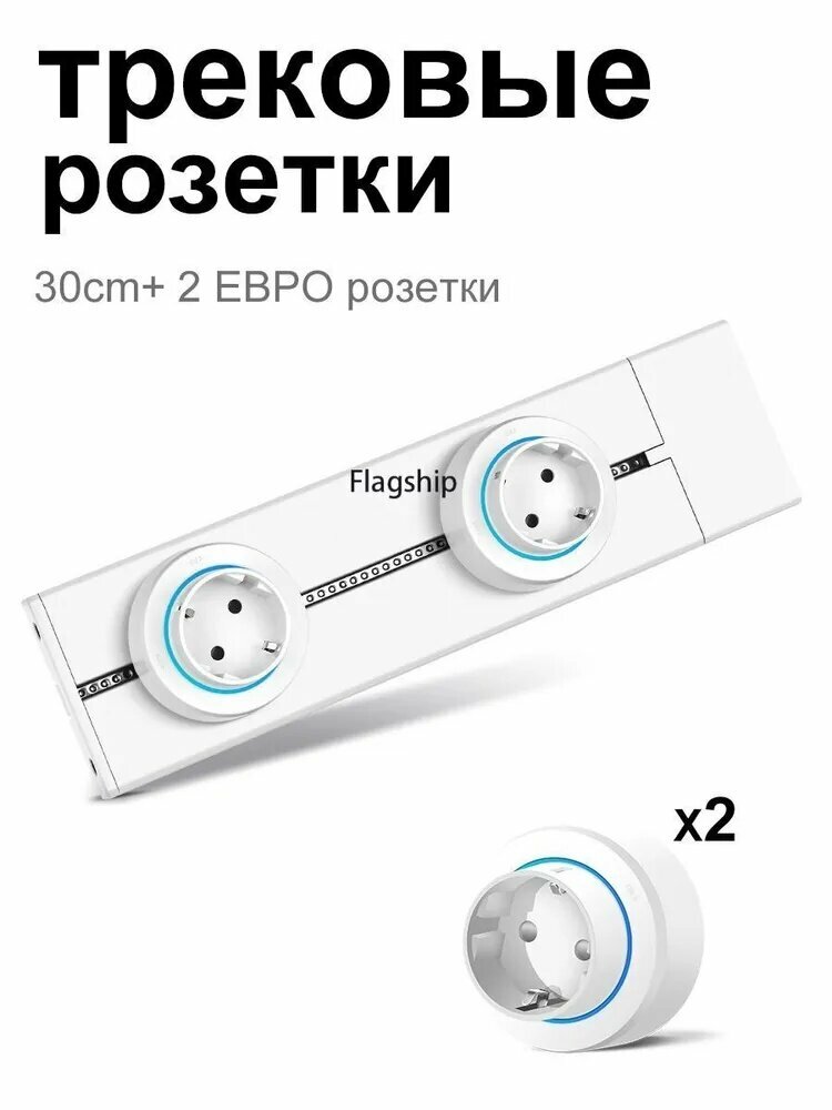 Трековая система розеток, накладная металлическая шина 30 см +2 евро розетки Белый.