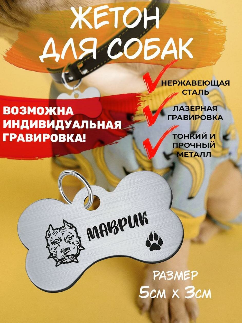 Брелок для собак с гравировкой, нерж. сталь, серебристый, Питбуль Маврик