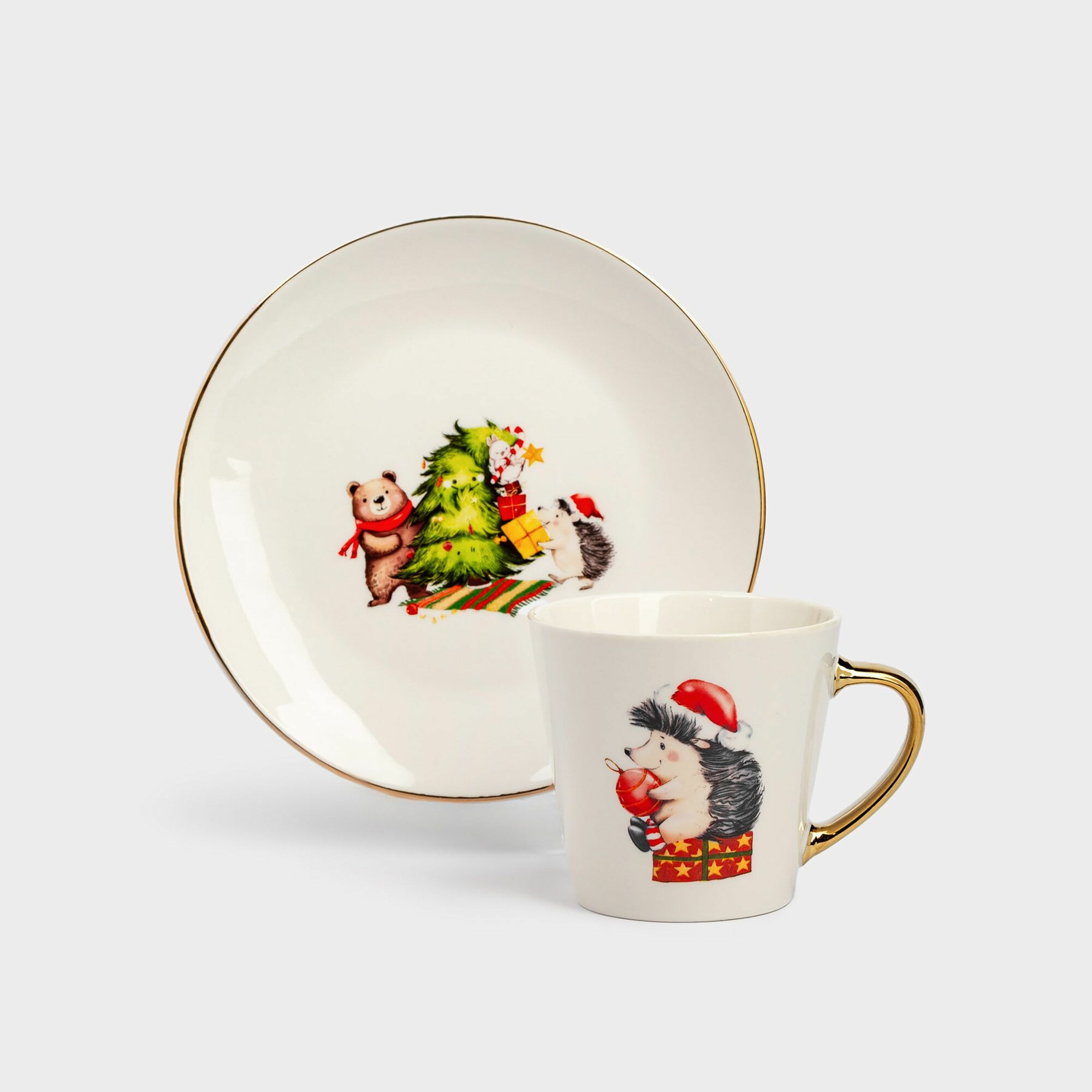 Набор посуды, детский, 1 перс, 2 пр, фарфор N, бело-золотистый, Зверята у елки, Friends forest