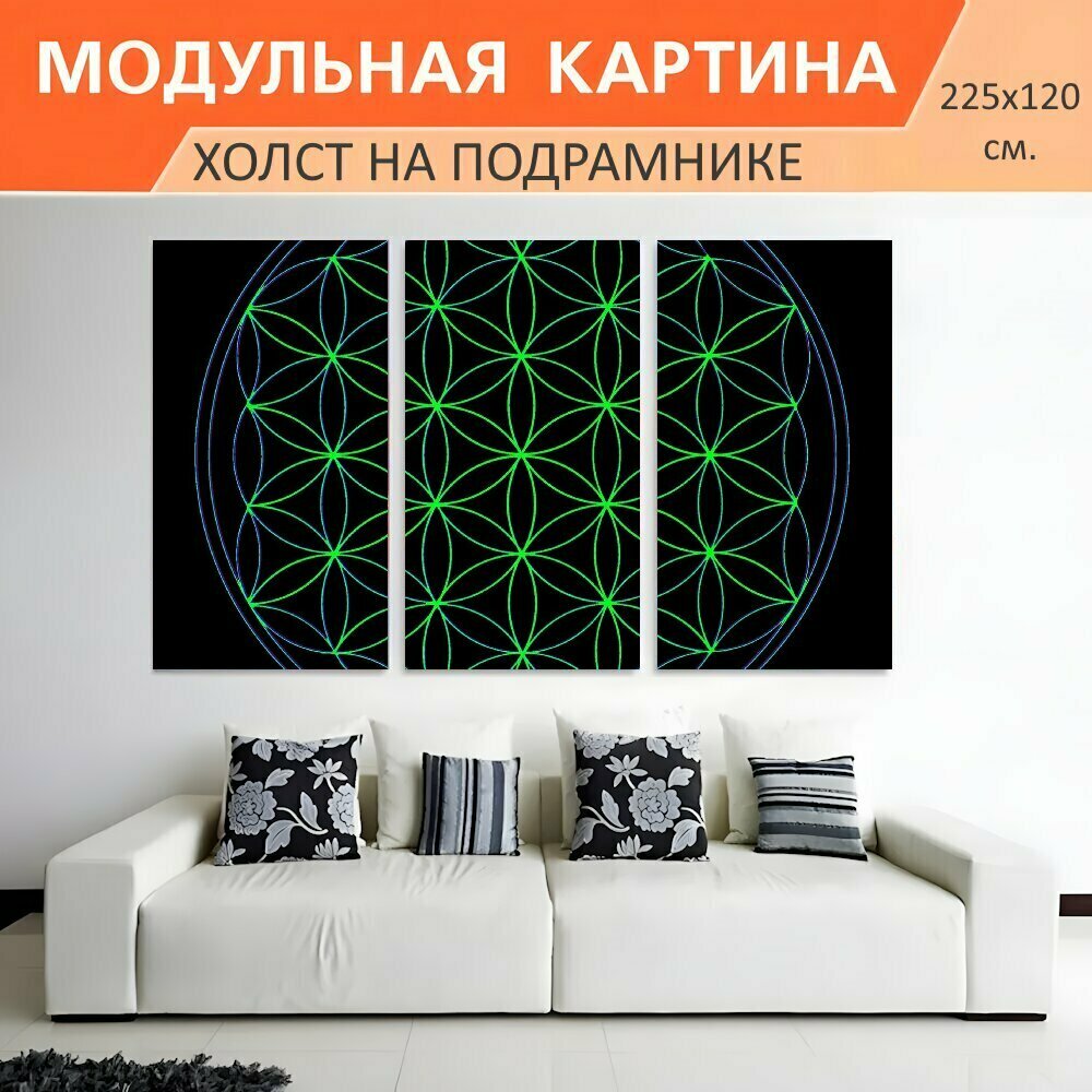 Модульная картина на холсте "Цветок жизни, геометрия, вселенная" триптих на подрамнике 225х120 см. для интерьера
