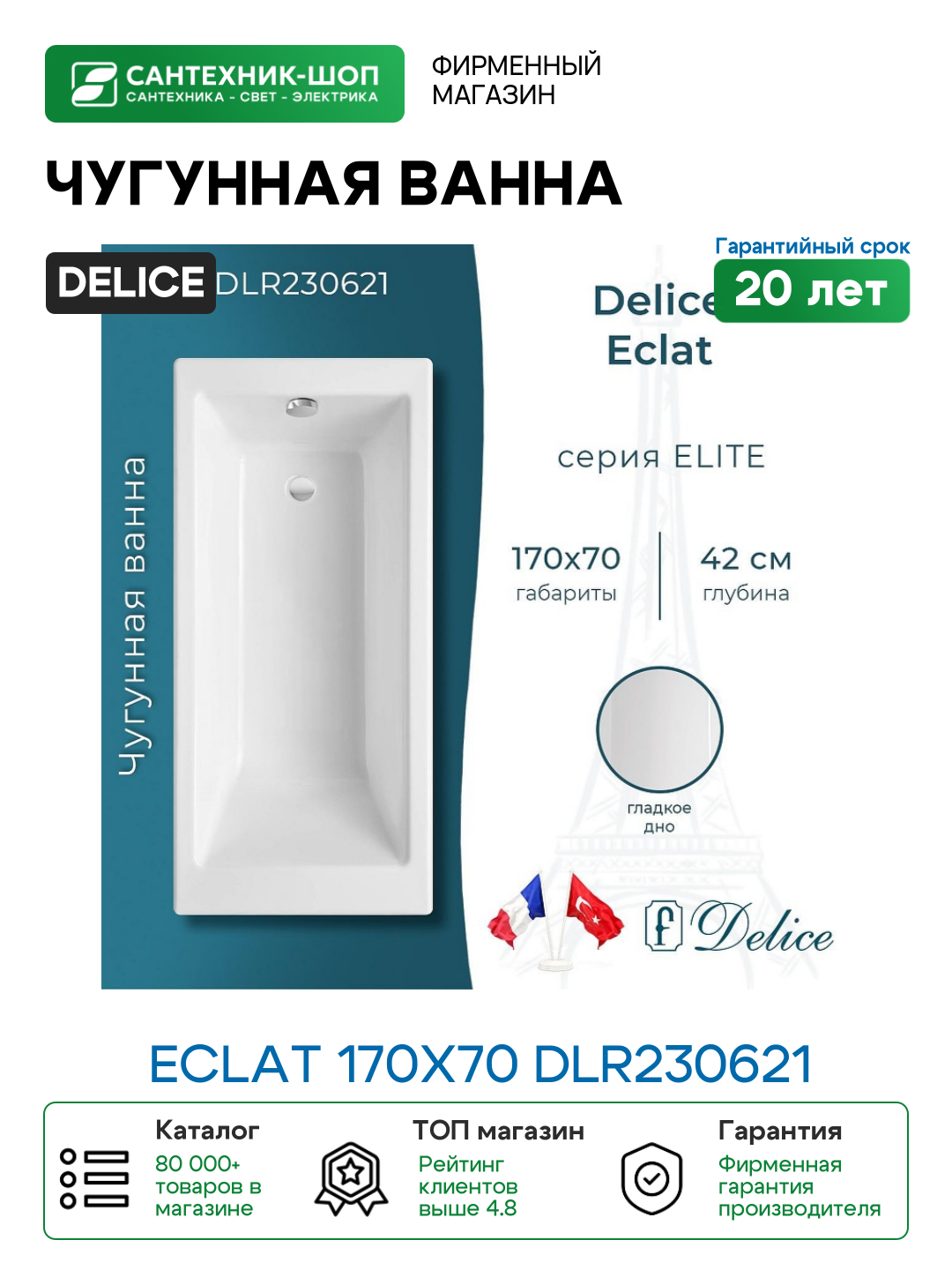 Чугунная ванна Delice Eclat 170x70 DLR230621 без отверстий под ручки и антискользящего покрытия