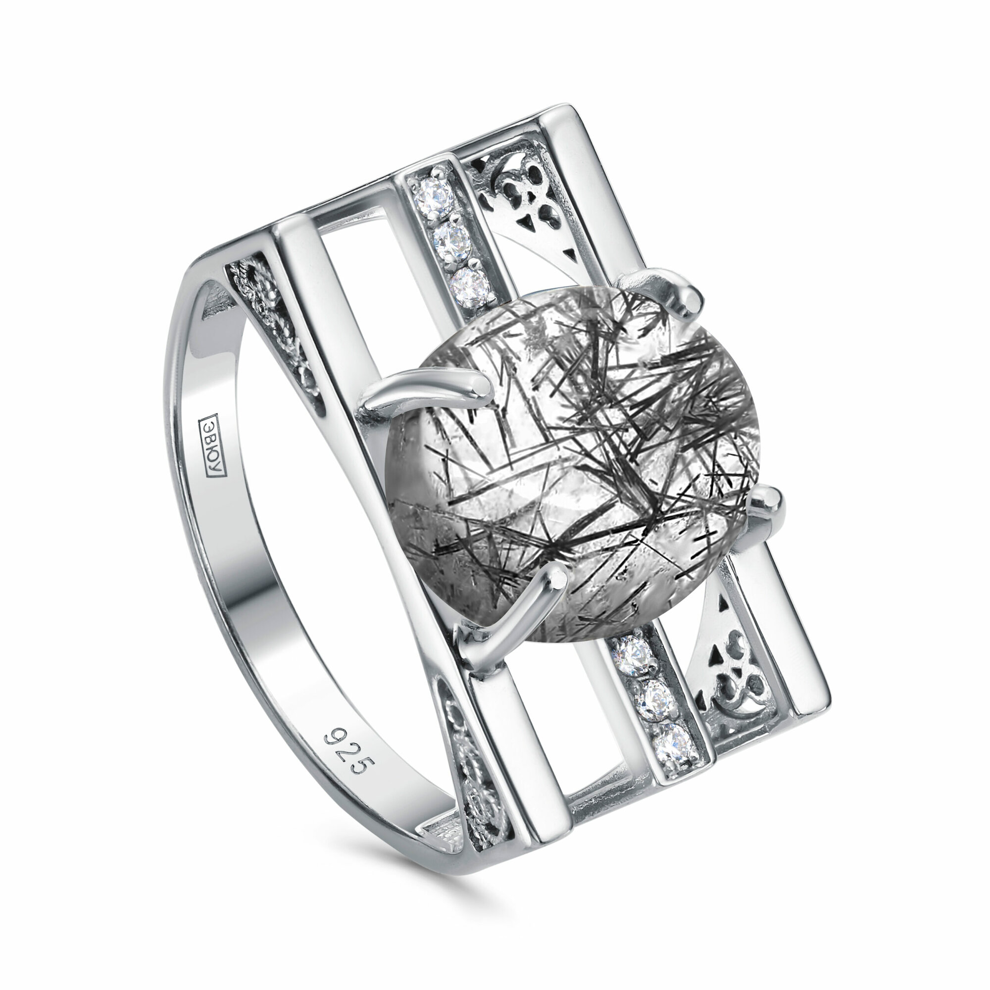 Кольцо широкое, серебро, 925 проба, родирование, кварц, фианит