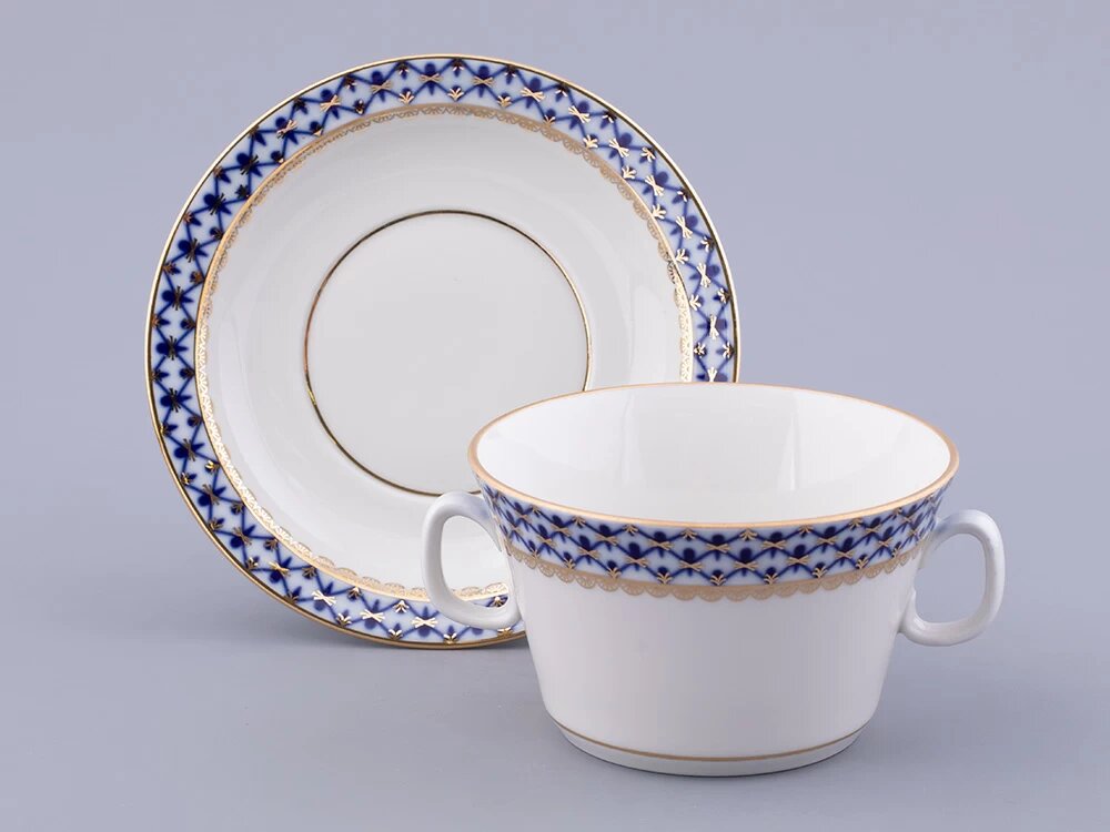 Чашка с блюдцем бульонная "Кобальтовая сетка" форма Молодежная 360 мл, Императорский фарфоровый завод