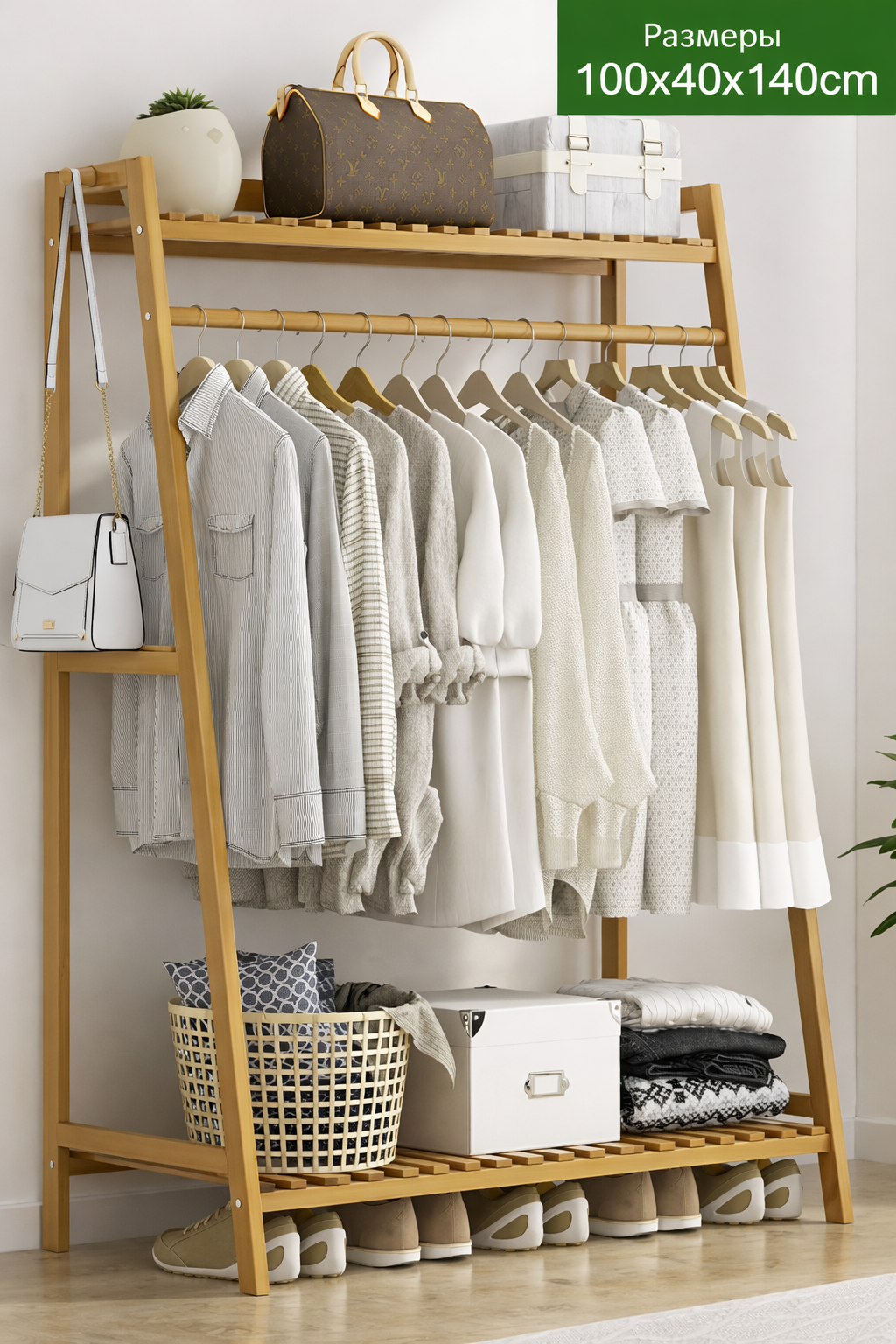 Стеллаж деревянный, вешалка напольная для одежды Bambuchka, 100х40х140 см, натуральный бамбук