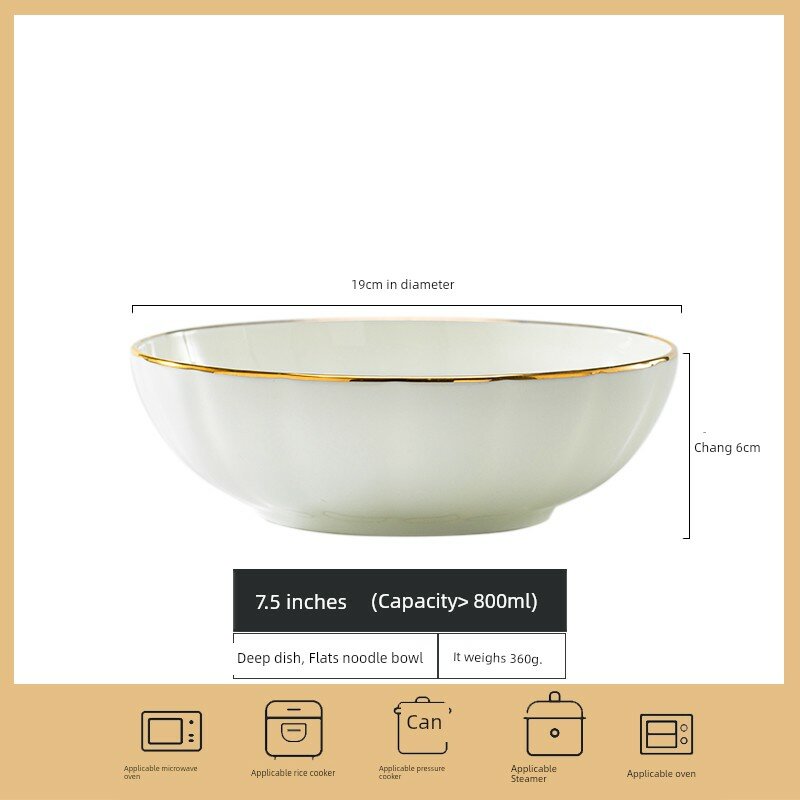 Чаша для риса из костяного фарфора с золотым ободком, большая миска для лапши, фруктового салата, неглубокая миска для