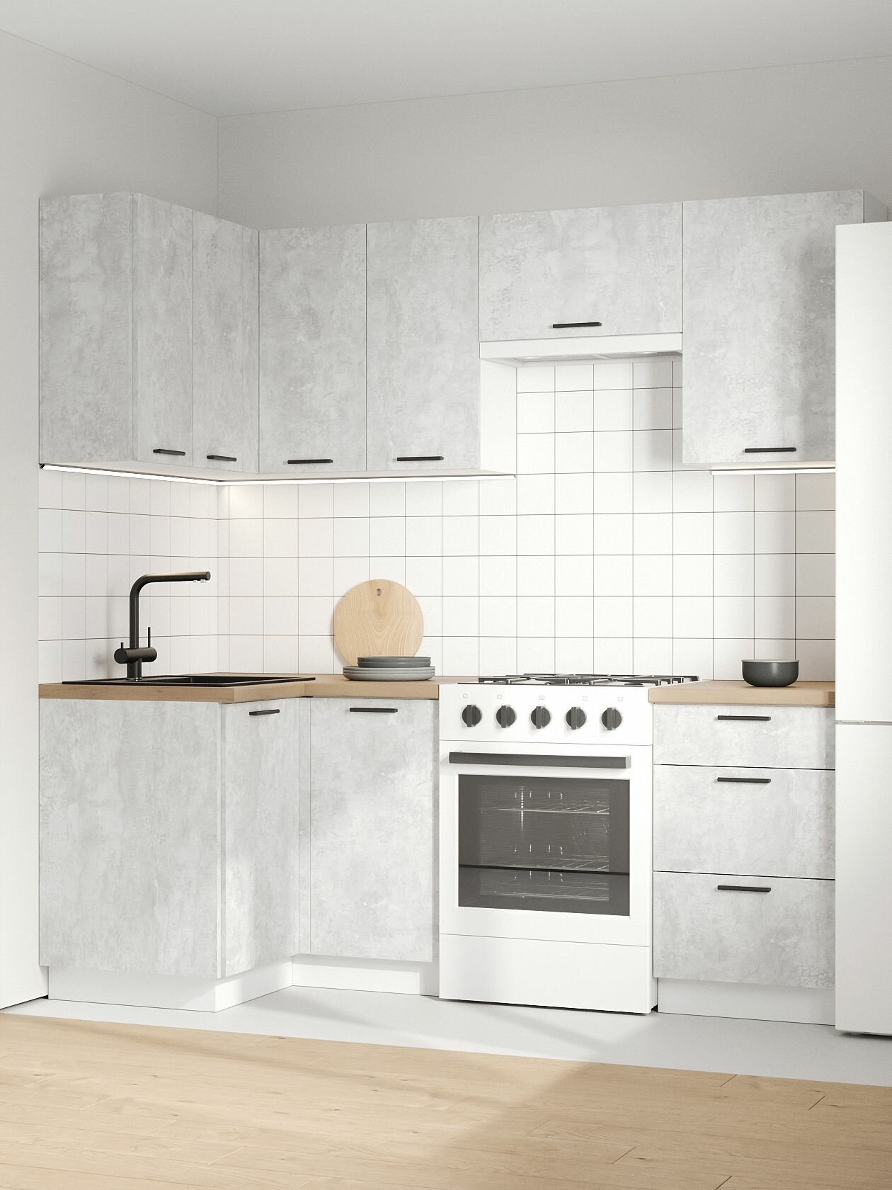 Кухонный гарнитур угловой Урбан 2.1х1 м, мебель для дома и кухни, Белый / Цемент светлый